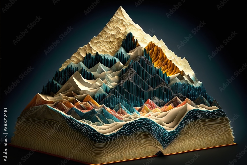 a book with a mountain made of folded pages on it's side and a mountain ...