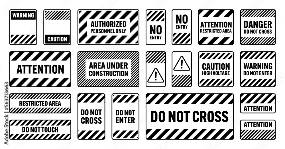 Various black warning signs with diagonal lines. Attention, danger or ...