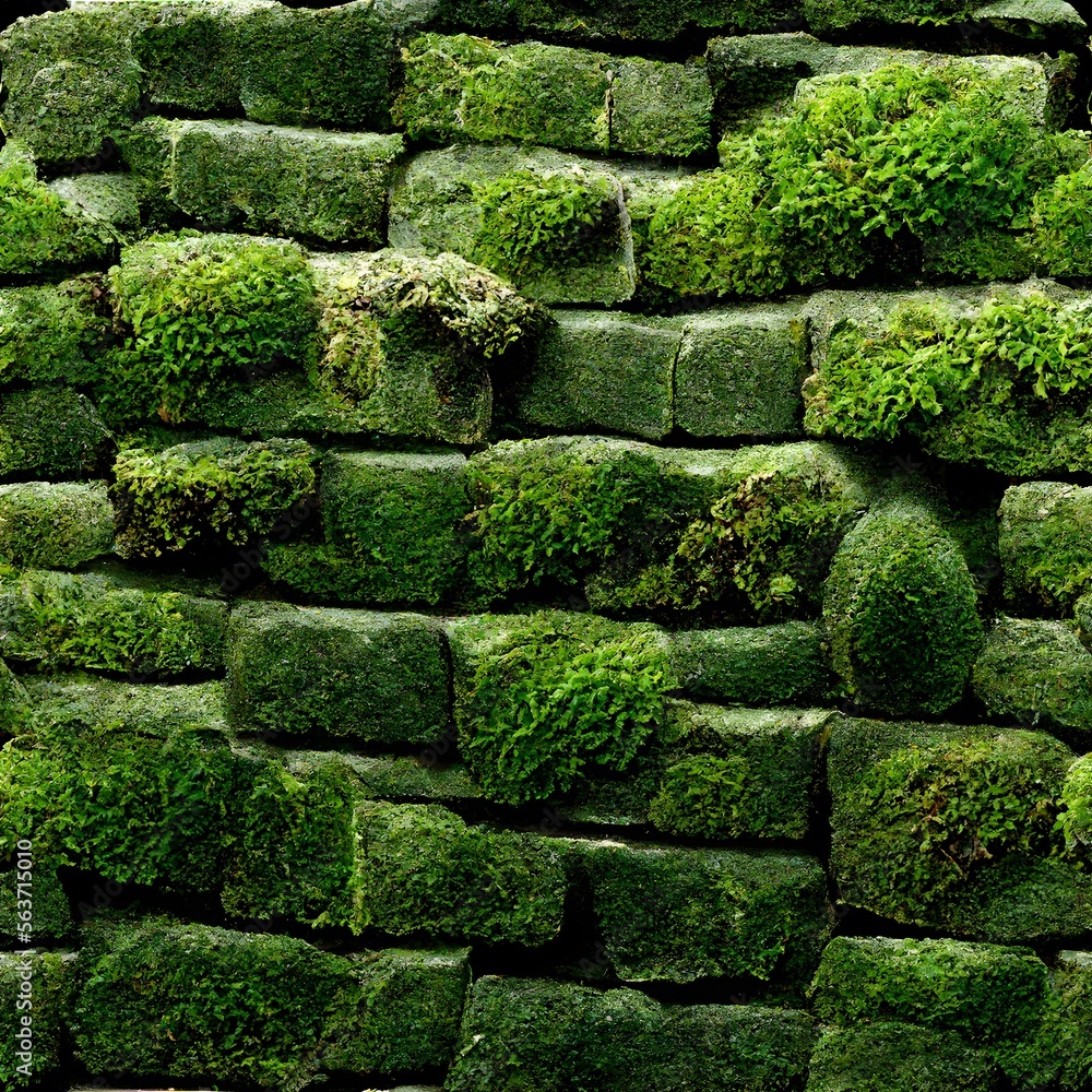 mossy green stone brick wall hyperrealistic photorealistic detailed ...