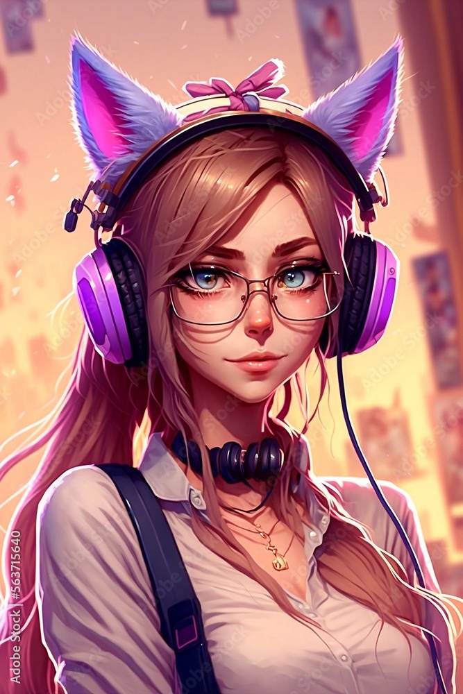 Gamer Girl with Nerd Glasses and Headphones Stock Illustration | Adobe ...
