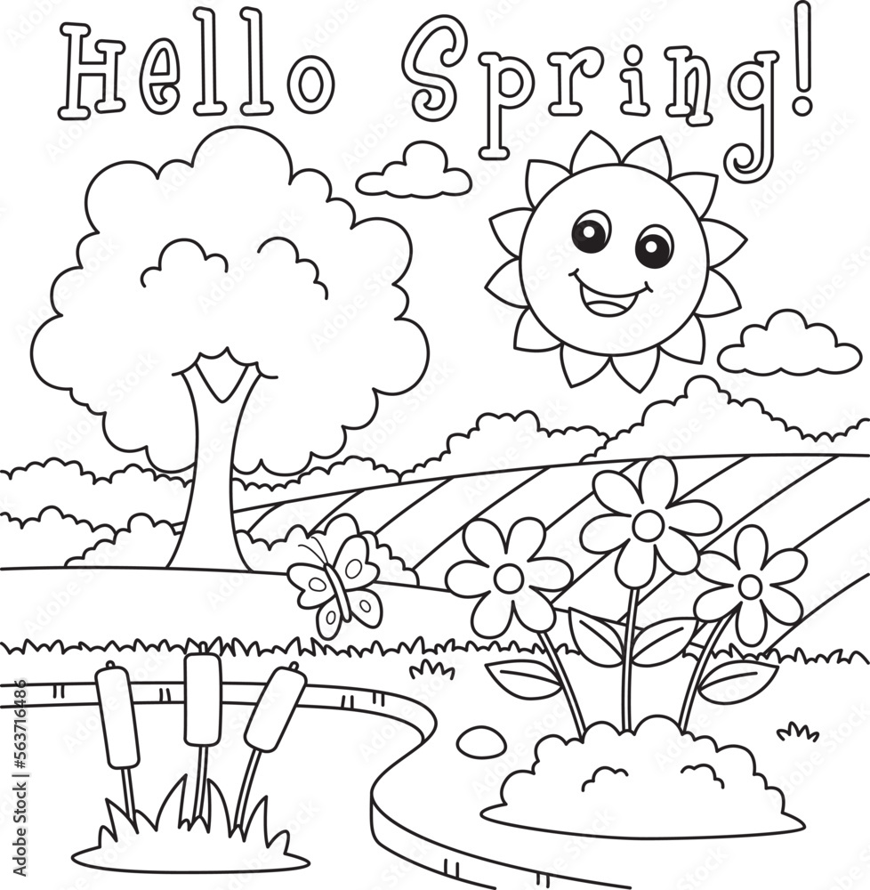 Hello Spring Smiling Sun Coloring Page For Kids Stock Vector Adobe Stock Hello Spring Smiling Sun Coloring Page For Kids Stock Vector Adobe Stock