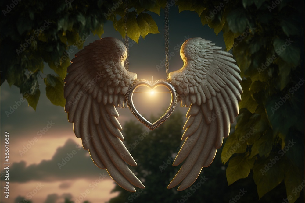 a heart shaped angel with wings hanging from a tree branch with the sun ...