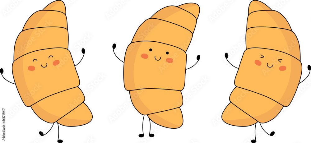 Set of cute croissant characters with face with different emotions ...