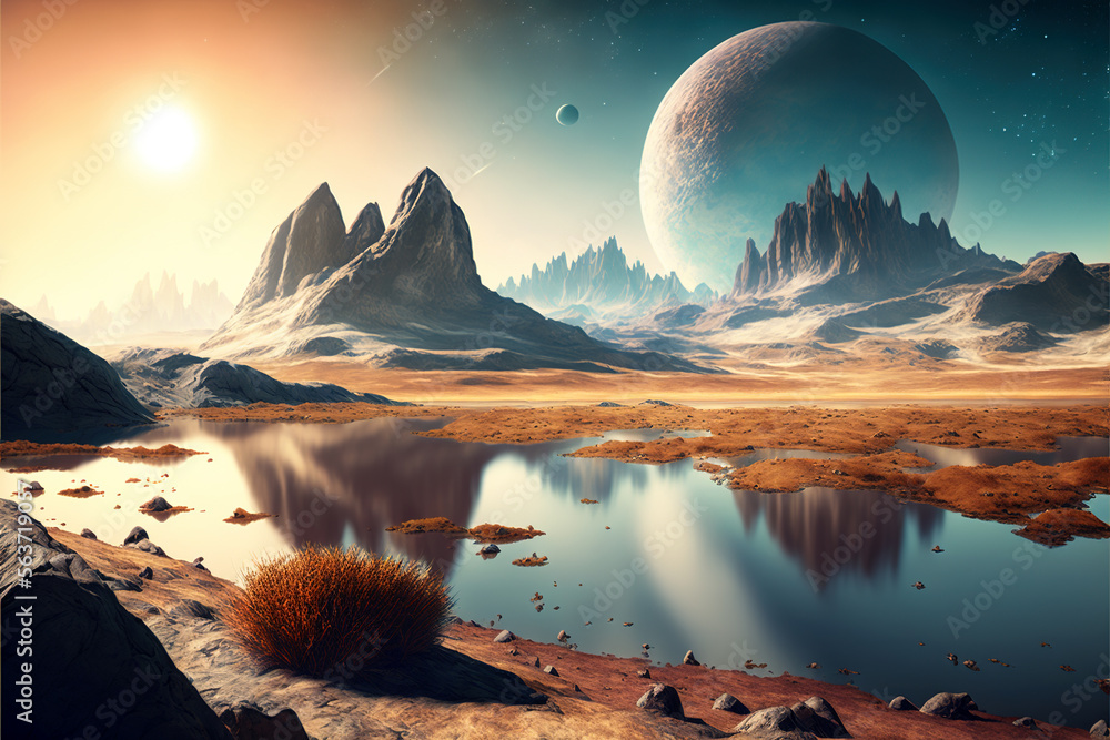 Extraterrestrial landscape, scenery of alien planet in deep space ...