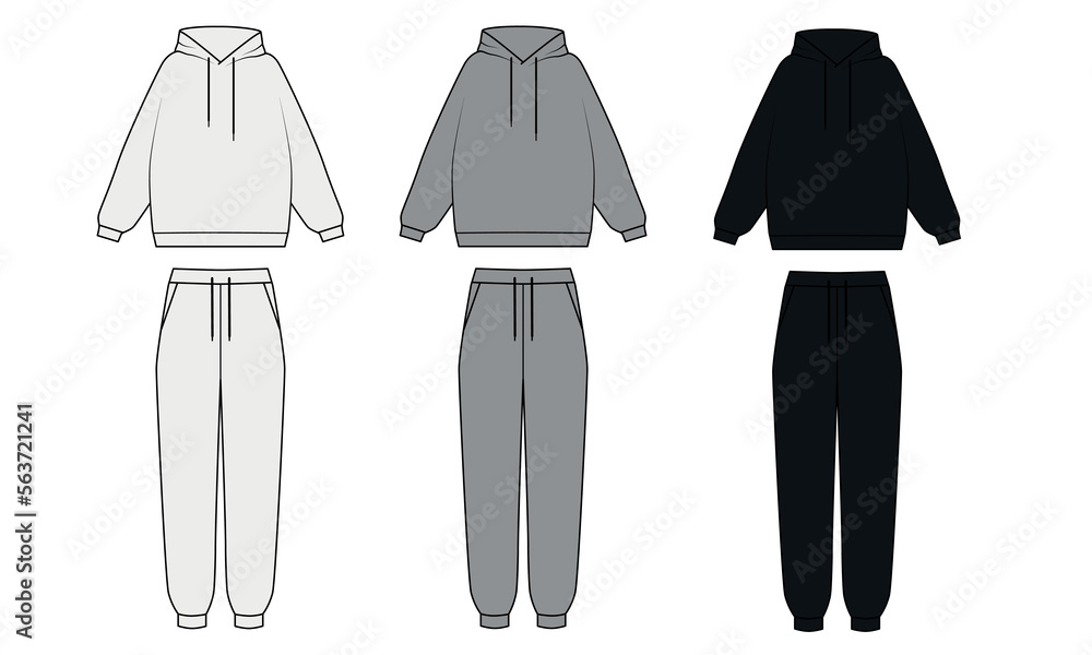 Outline vector set of drawings of fashionable tracksuits in white, gray ...