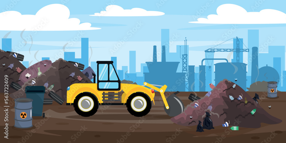 Vector illustration of smelly garbage dump. Cartoon urban buildings ...