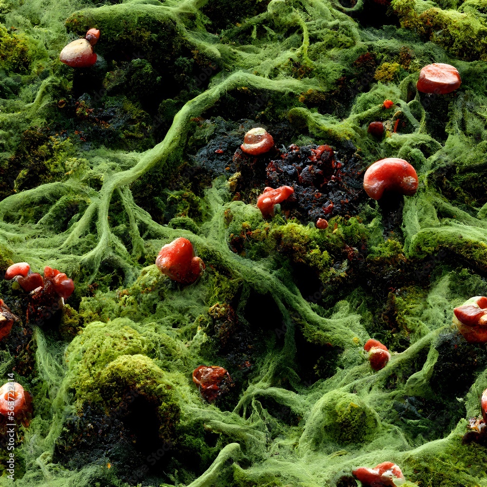 fungal mycelium floor slime green and dark crimson topdown birdseye ...