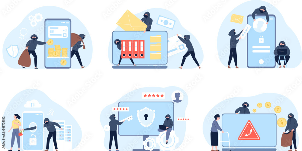 Vetor de Information hacking, security money and hacks computer. Cartoon internet hackers ...