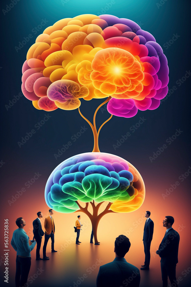 Team huddled around big brain diagram, generating ideas represented in ...