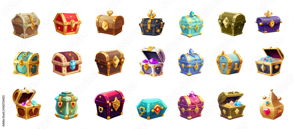Fairytale set of cartoon colorful treasure chest empty, closed and open ...