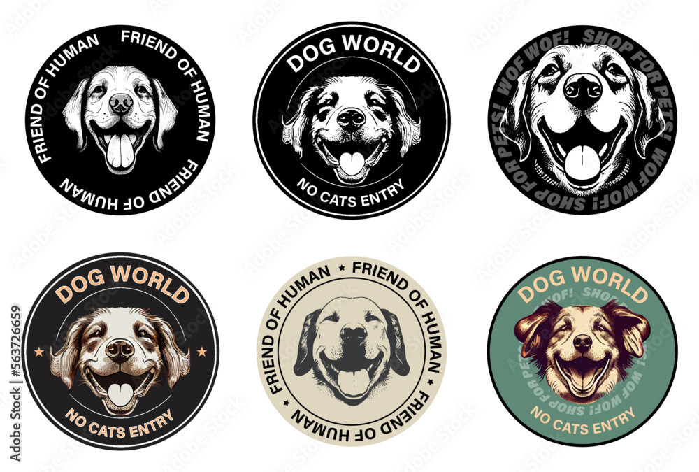 Dog icon set. Happy dog sign in a circle on a white background. Emblem ...