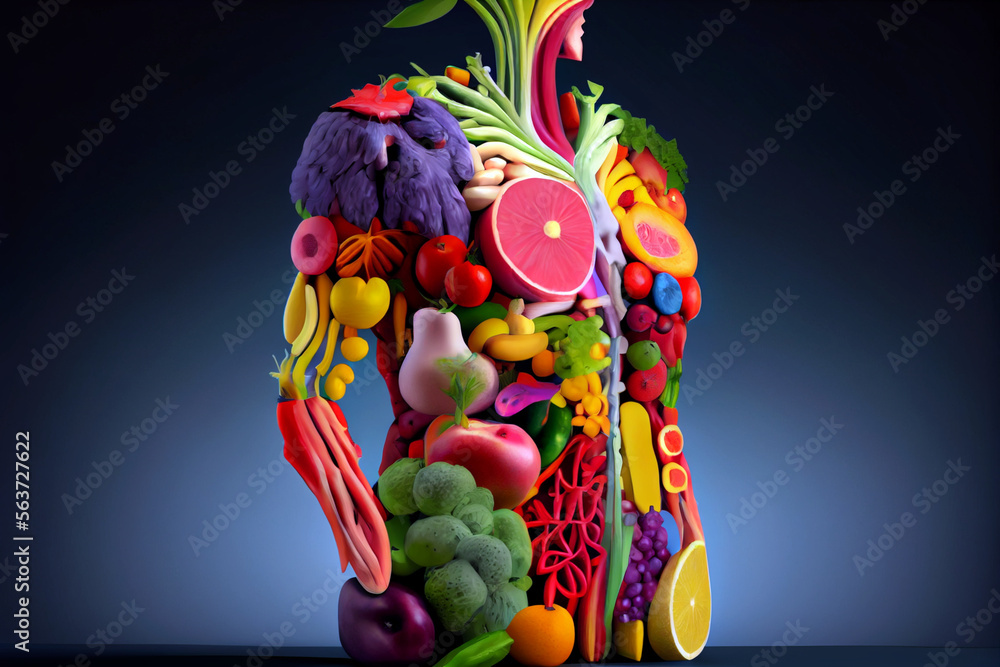 Illustration of a human anatomy made of Fruits and Vegetables in ...