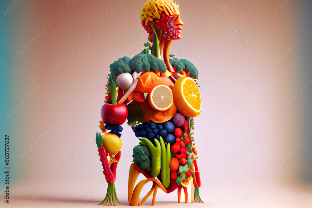 Illustration of a human anatomy made of Fruits and Vegetables in ...