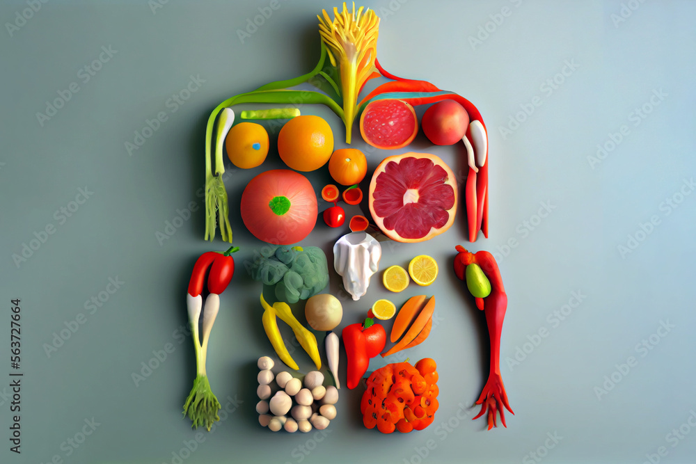 Illustration of a human anatomy made of Fruits and Vegetables in ...