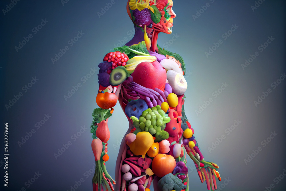 Illustration of a human anatomy made of Fruits and Vegetables in ...