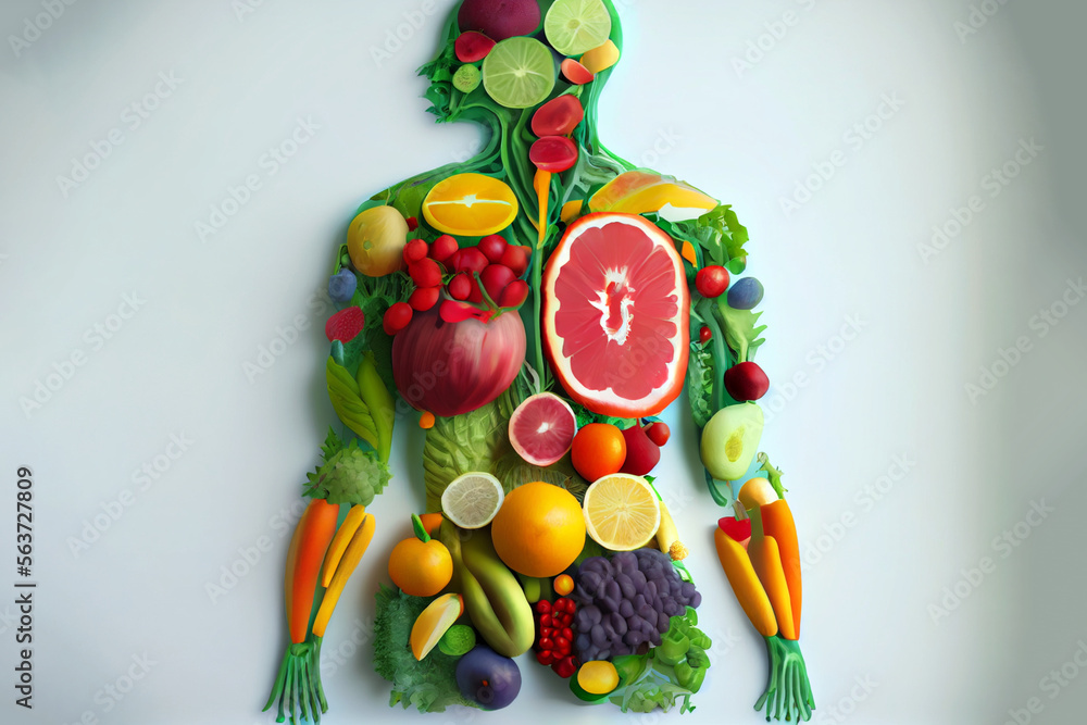 Illustration of a human anatomy made of Fruits and Vegetables in ...