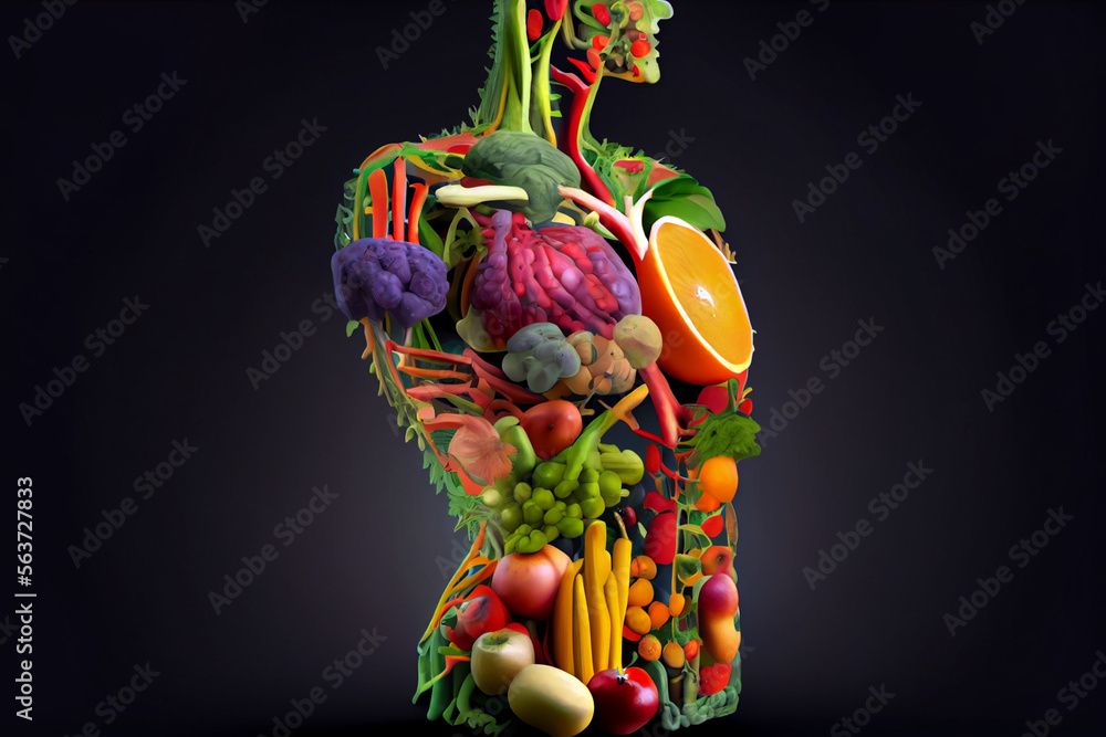 Illustration of a human anatomy made of Fruits and Vegetables in ...