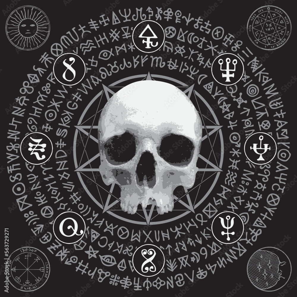 Vector illustration with people skull, pentagram, occult and witchcraft ...
