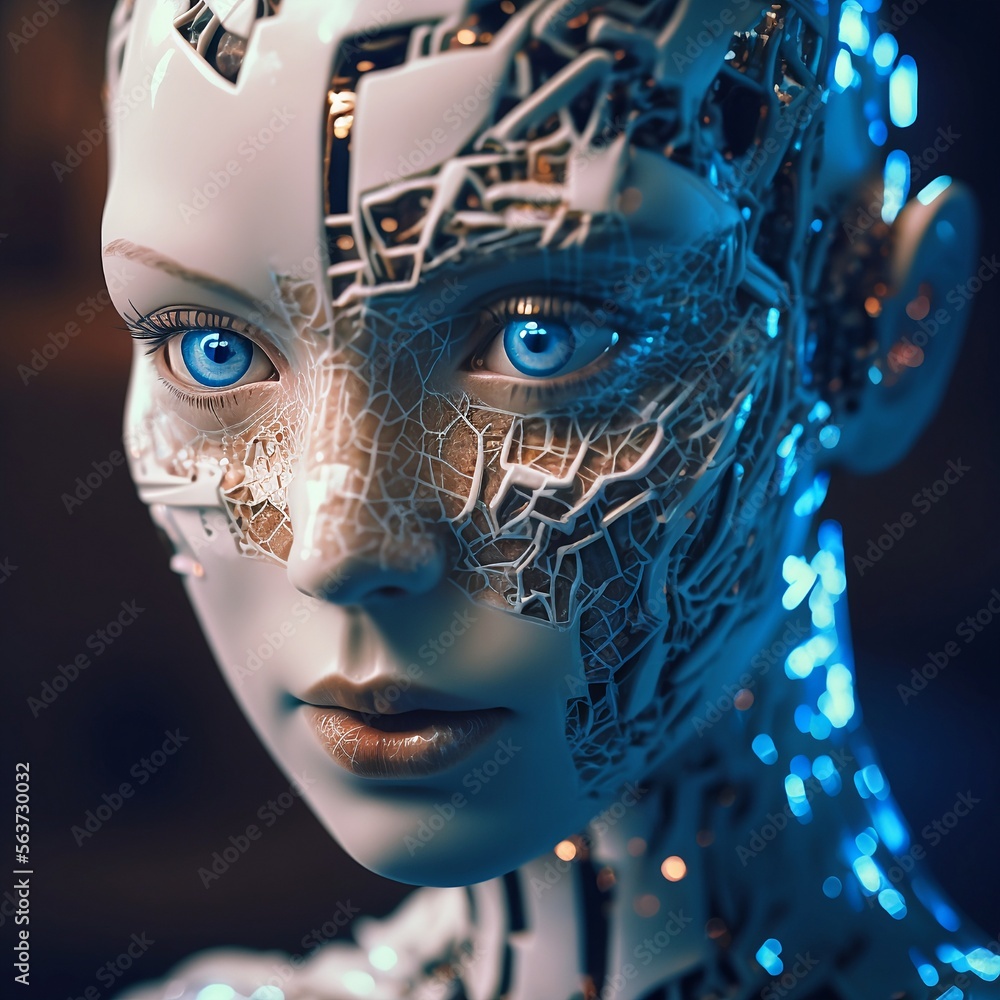 no real person - ai generated. white robotic women with blue eyes, side ...