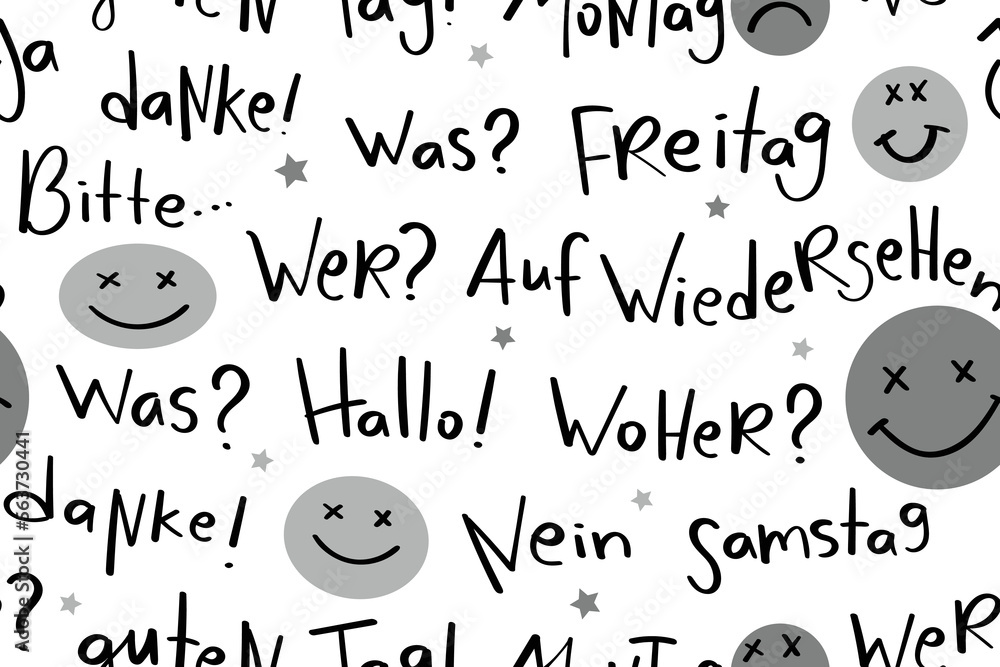 German words and phrases text, smiling emoji drawing. Cute fun doodle ...