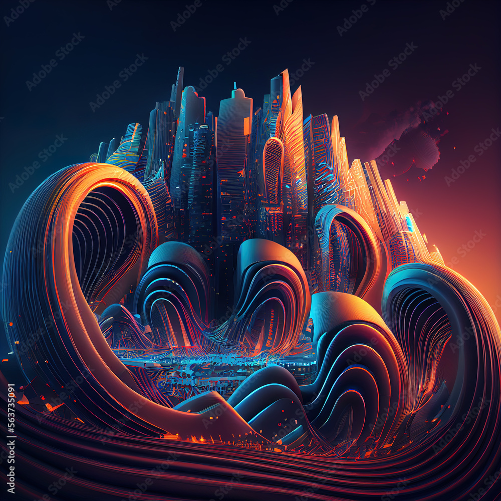 Futuristic smart city structure in space abstract red blue background ...