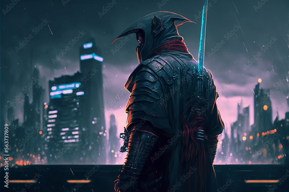 Calm samurai from the future standing with a view of a cyberpunk city ...