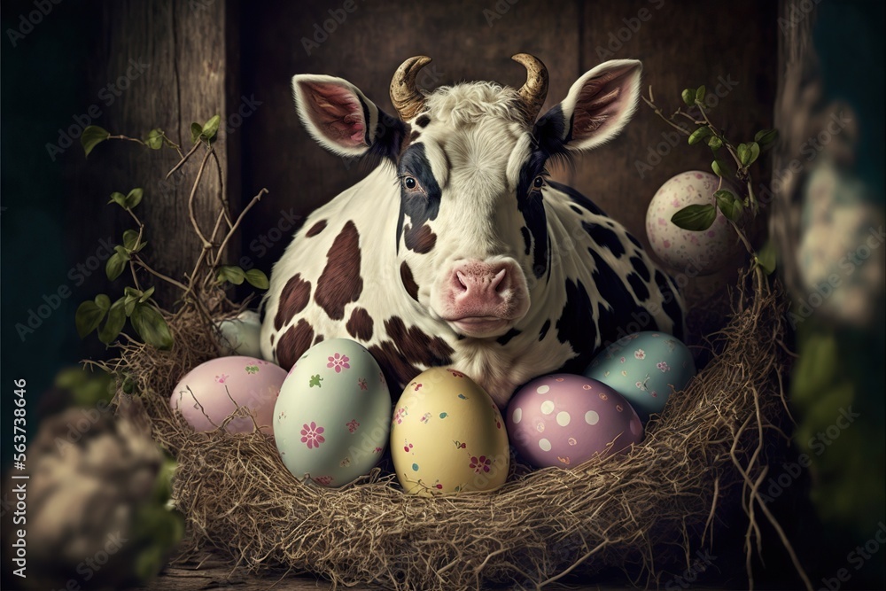 Created With Generative Ai Technology Easter Egg And Funny Cow As A Rabbit Stock Illustration