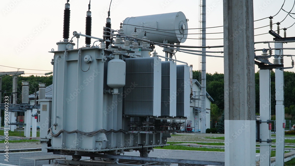 Power transformer. Electrical equipment. Electric substation. High ...