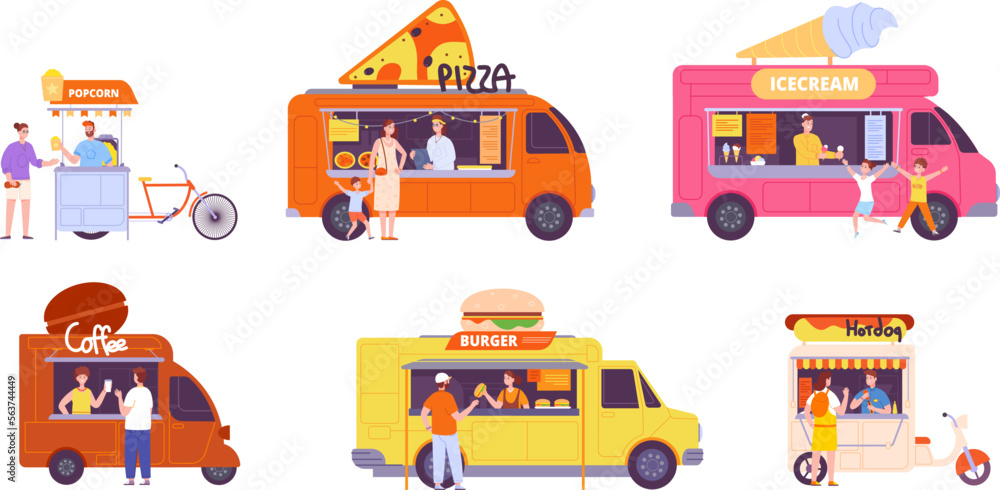 Food truck sellers. Foodtruck vendors takeaway meal street festival ...