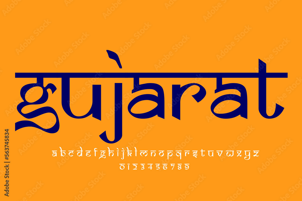Indian state Gujarat text design. Indian style Latin font design, Devanagari inspired alphabet ...