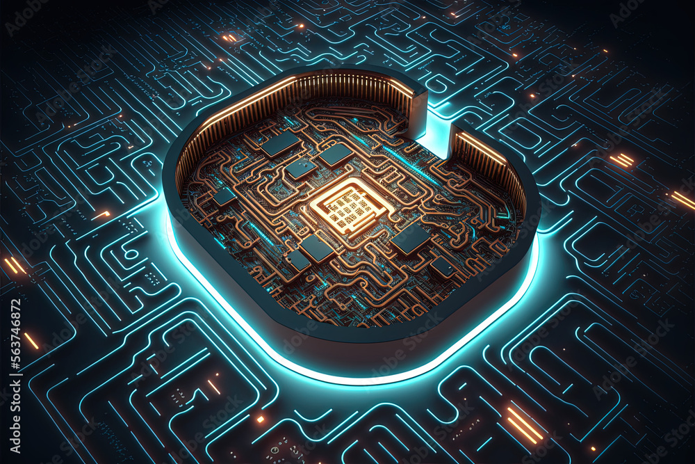 Ilustrace „AI-generated artwork, Cybersecurity network, Tech microchip ...