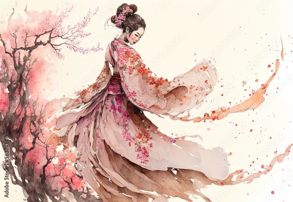 ภาพประกอบสต็อก a chinese woman in traditional hanfu dancing by sakura ...