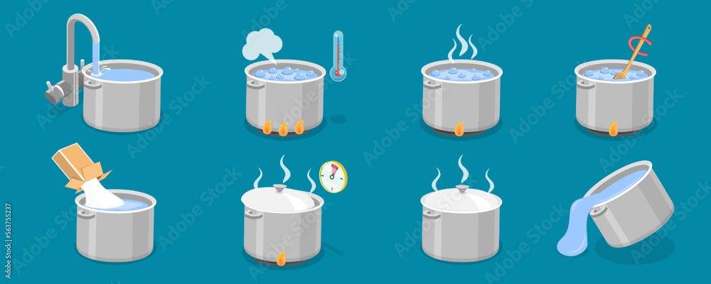 Vector Illustration of Boiling In Cooking Pot Set, Boiled Steamed Water ...