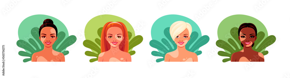 Portraits of young women with vitiligo. Diverse female characters with ...