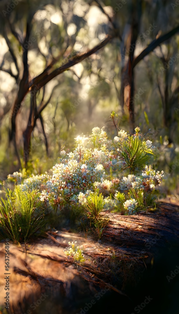 Small clearing surrounded by Australian bushland gum trees eucalyptus trees summer haze lush ...