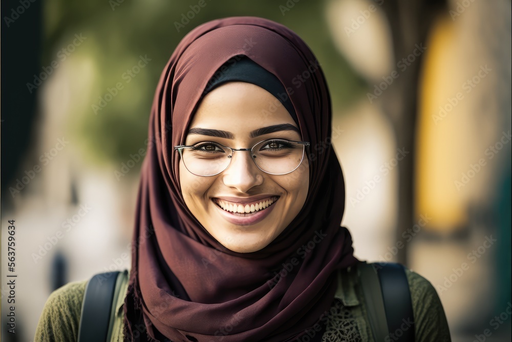 Smiling young college female student wearing a hijab looking at the ...