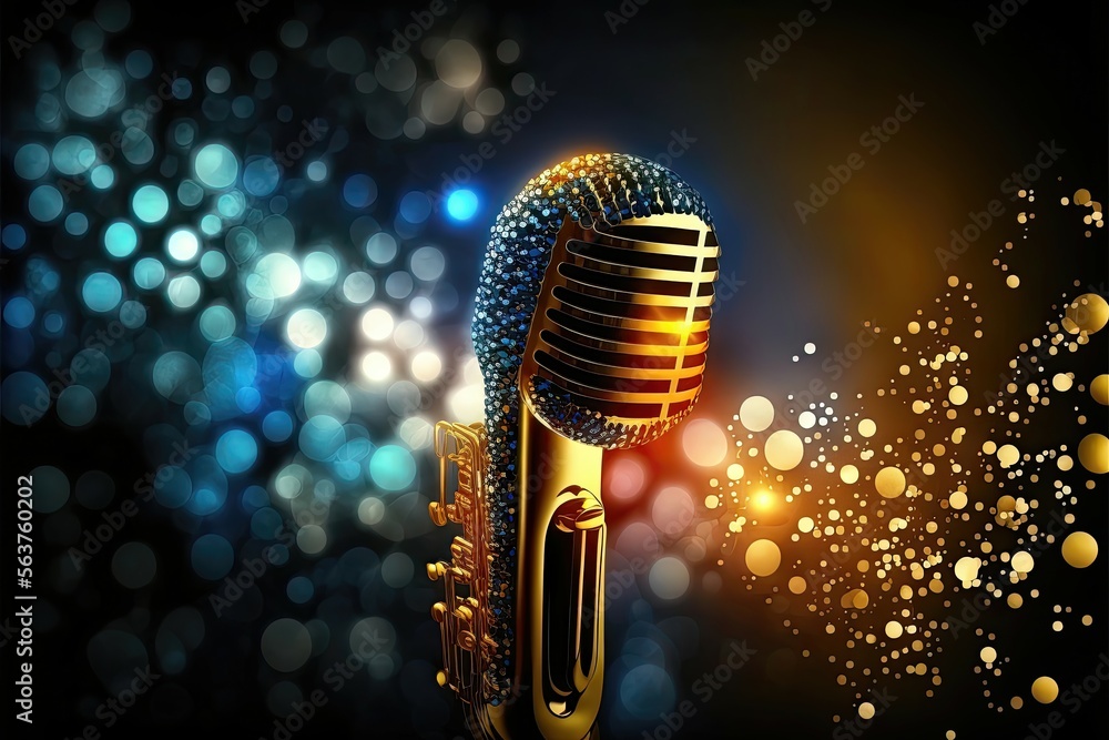 Generative AI photography of a microphone, background with notes and ...