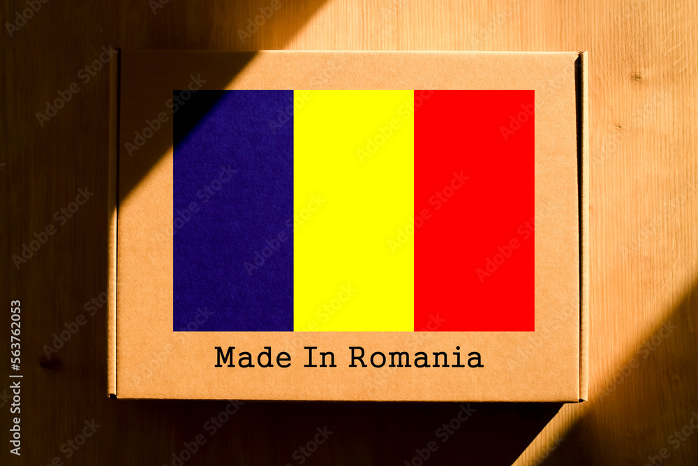 Made in Romania. Cardboard boxes with text "Made In Romania" and the ...