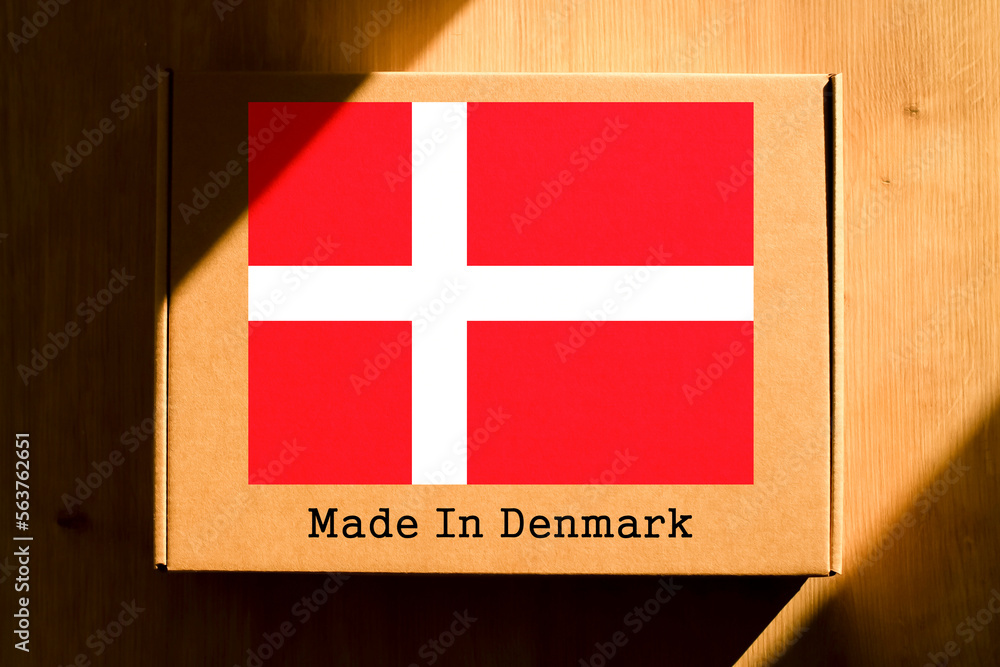 Made in Denmark. Cardboard boxes with text "Made In Denmark" and the ...