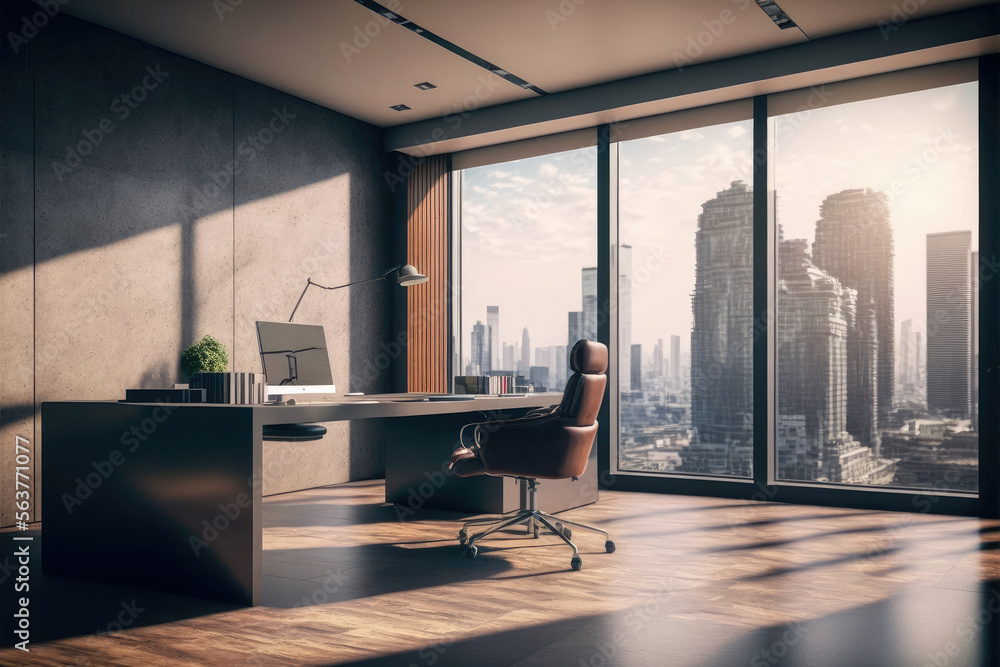 Workspace desk for executive leader in luxury interior of high-rise ...