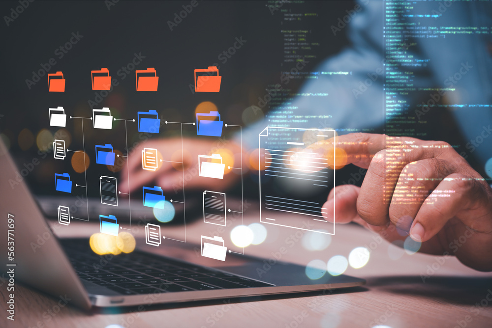 business man using laptop work with virtual files and folders diagram ...