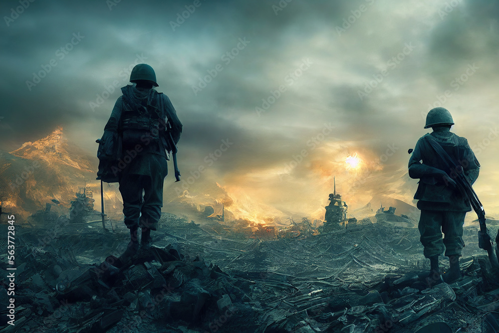 Splendid art of apocalyptic ruined landscape devastated by war ...