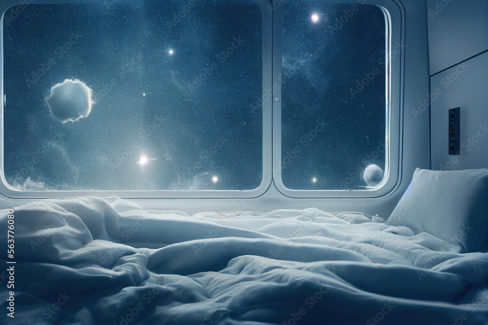 View from a bedroom berth in a futuristic sci fi spaceship, interior ...