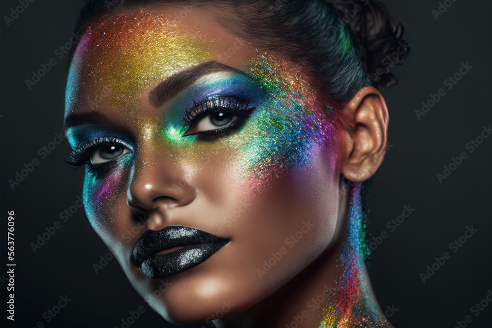 fantasy portrait, glamor profile of a black rainbow fey woman with ...