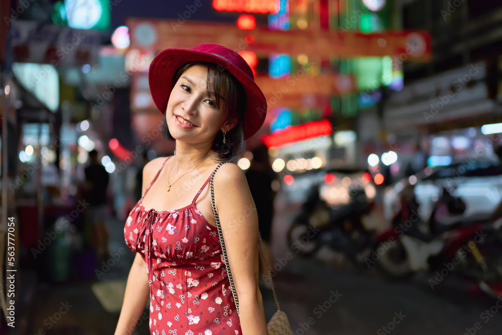 happy thai woman posing on street in chinatown bangkok thailand during ...