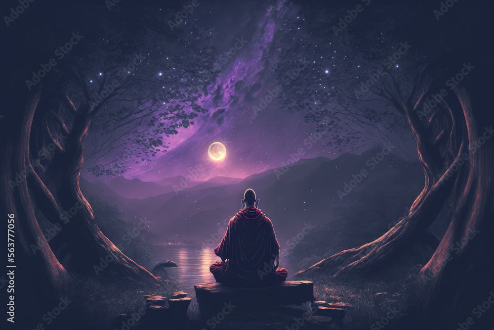 Buddhist monk meditating under star night sky . Energy and power of ...