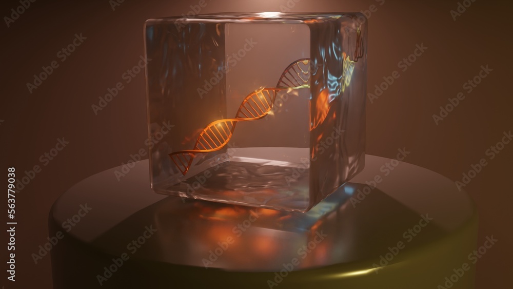 DNA preserved in ice. DNA molecule strand in transparent glass, ice ...