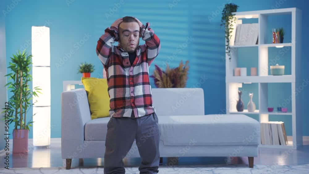 The disabled dwarf man who is bored at home is thinking what to do, he ...