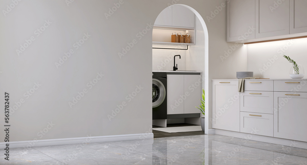 Blank white wall with arch doorway to laundry room, modern design ...