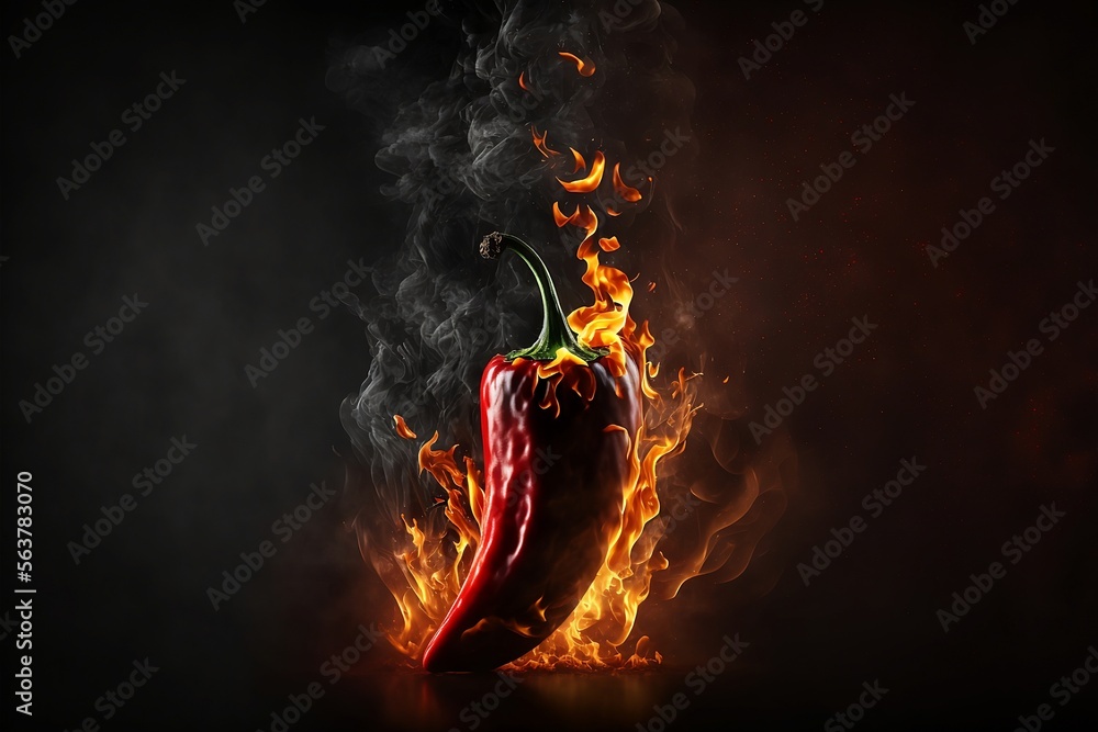 Hot Red chili pepper close-up in a burning flame on a black background ...